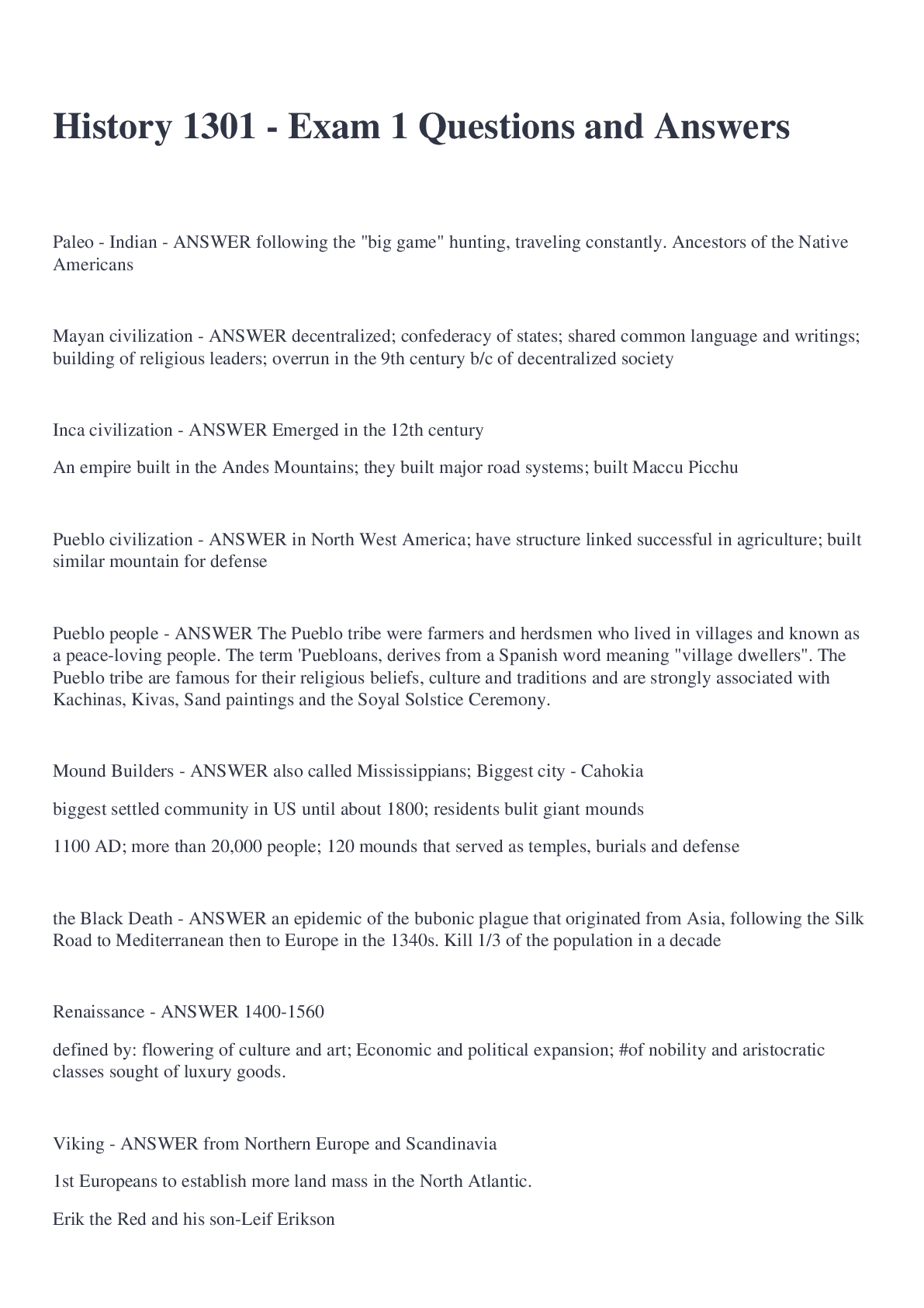 History 1301 - Exam 1 Questions and Answers - Scholarfriends